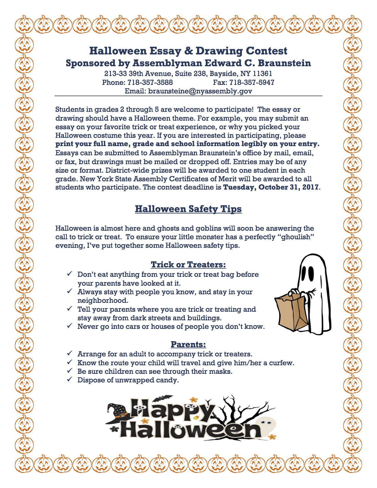 Braunstein Hosts Annual Halloween Essay And Drawing Contest The 